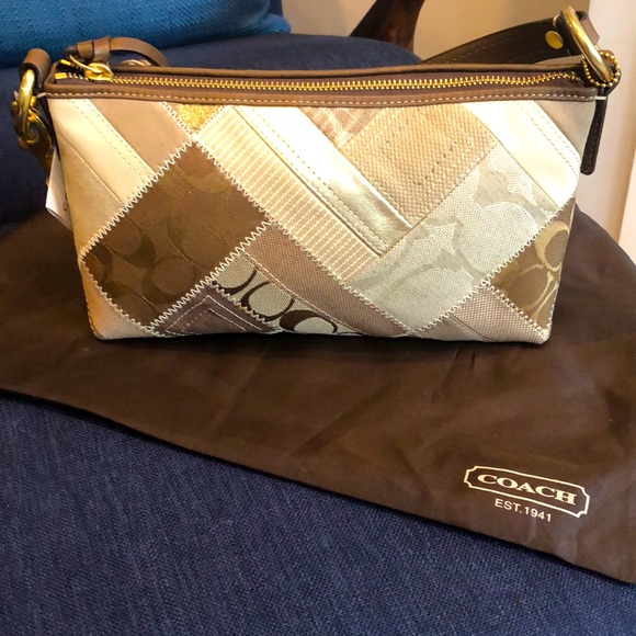 Coach | Bags | Coach Brown Tan And Gold Logo Handbag With Leather ...
